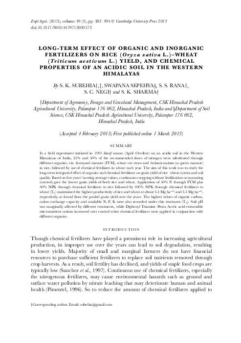 (PDF) LONG-TERM EFFECT OF ORGANIC AND INORGANIC FERTILIZERS ON RICE (Oryza sativaL.)–WHEAT ...