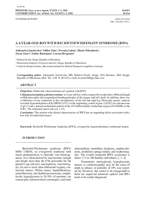 (PDF) A 4-Year-Old Boy with Beckwith Wiedemann Syndrome (BWS)