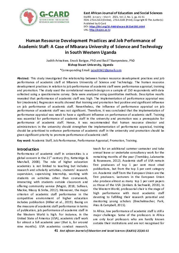 (PDF) Human Resource Development Practices and Job Performance of Academic Staff: A Case of ...