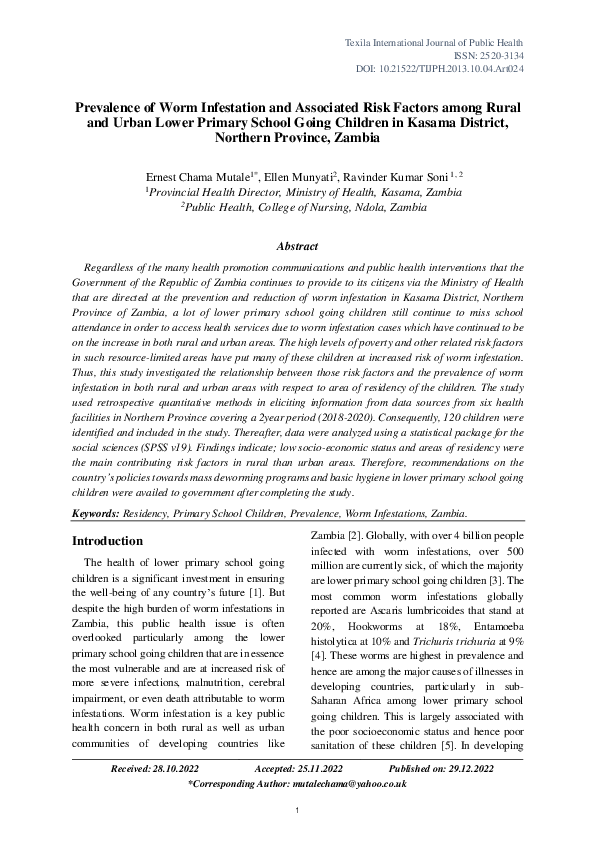 (PDF) Prevalence of Worm Infestation and Associated Risk Factors among ...