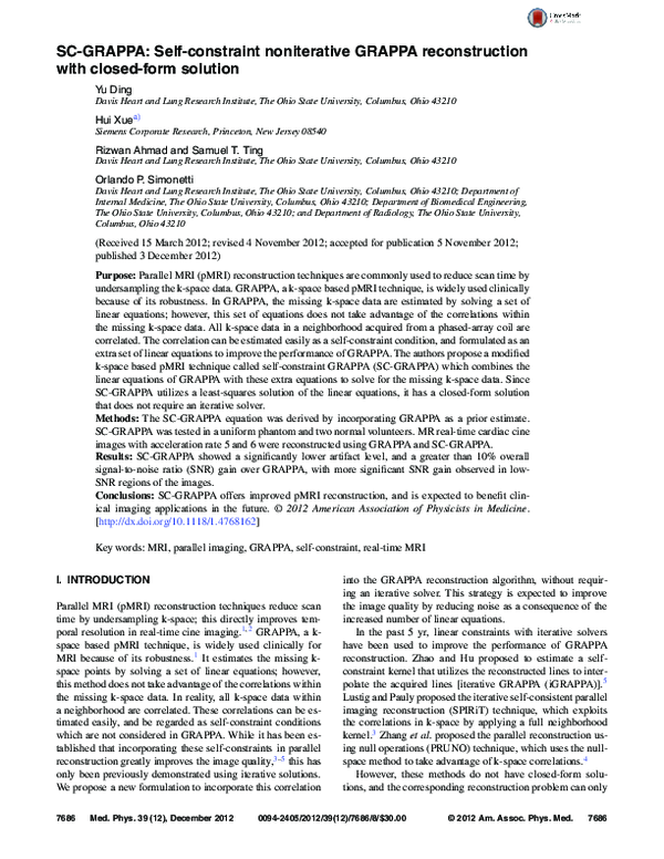 Pdf Sc Grappa Self Constraint Noniterative Grappa Reconstruction With Closed Form Solution