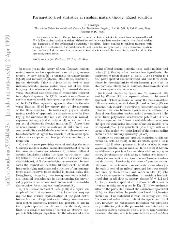 Pdf Parametric Level Statistics In Random Matrix Theory Exact Solution