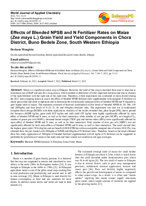 (PDF) Effects of Blended NPSB and N Fertilizer Rates on Maize ( Zea ...