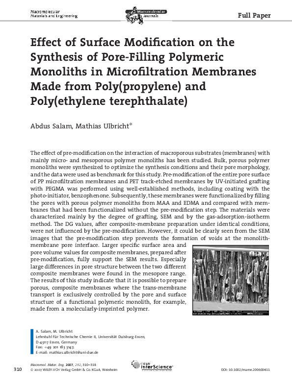 (PDF) Effect of Surface Modification on the Synthesis of Pore-Filling Polymeric Monoliths in ...