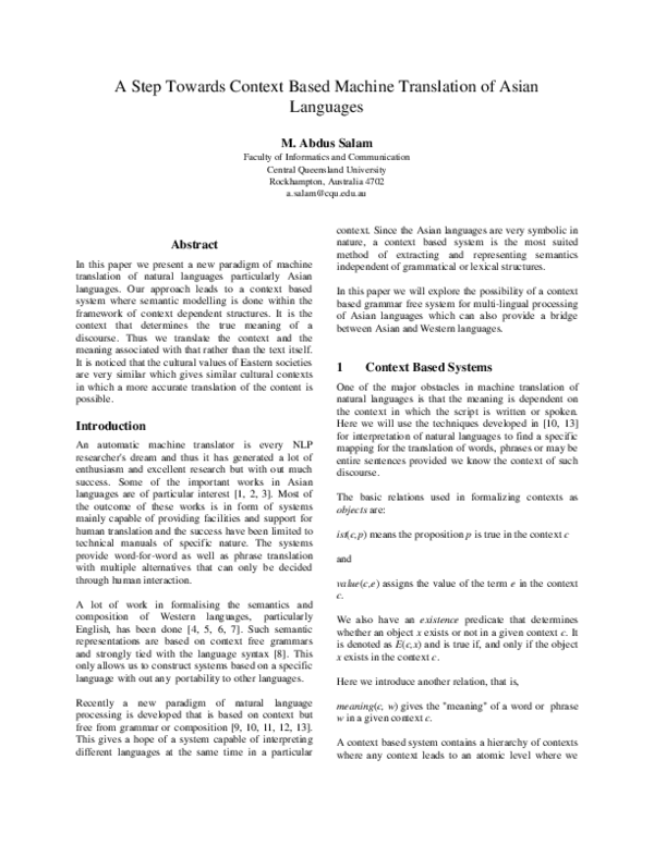 (PDF) A Step Towards Context Based Machine Translation of Asian Languages