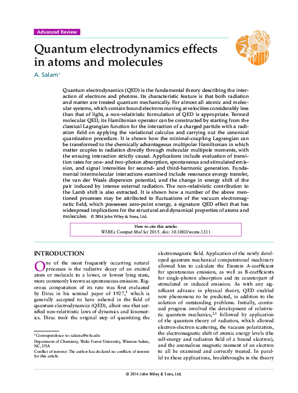 (PDF) Quantum electrodynamics effects in atoms and molecules