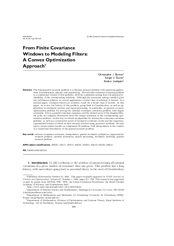 (PDF) From Finite Covariance Windows to Modeling Filters: A Convex ...
