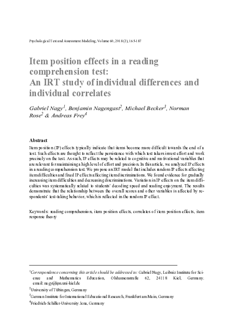 (PDF) Item position effects in a reading comprehension test : an IRT ...