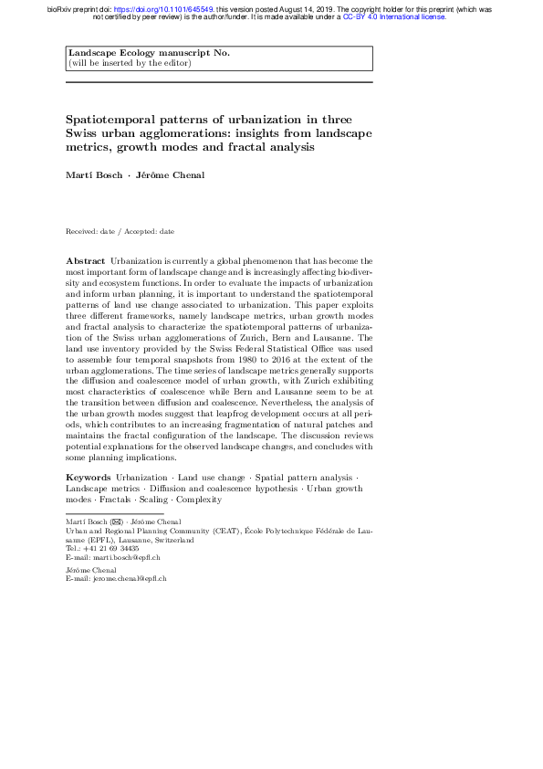 Pdf Spatiotemporal Patterns Of Urbanization In Three Swiss Urban Agglomerations Insights From