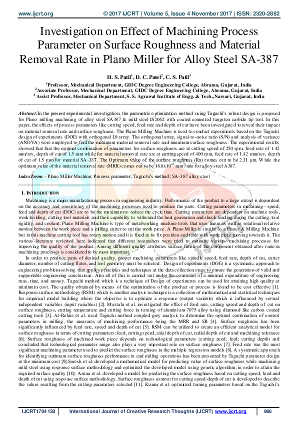 (PDF) Investigation on Effect of Machining Process Parameter on Surface Roughness and Material ...