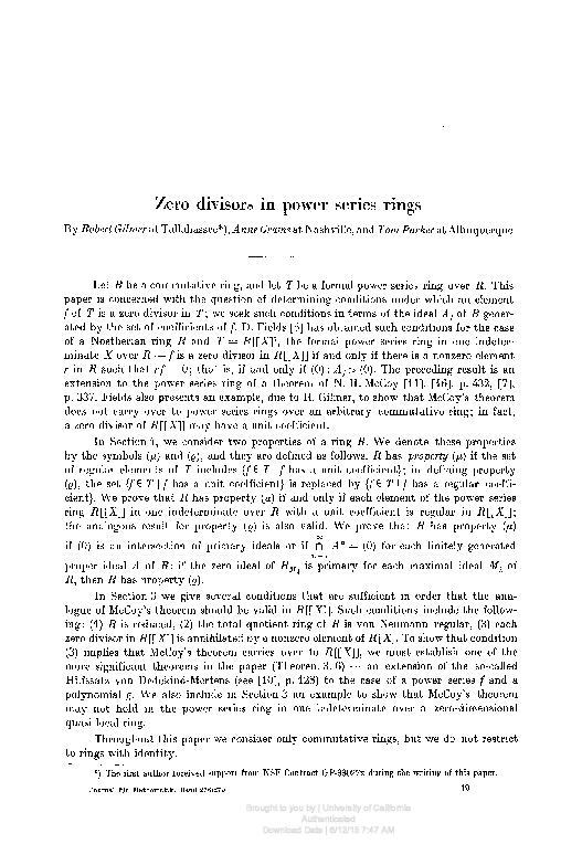 (PDF) Zero divisors in power series rings | Anne Grams - Academia.edu