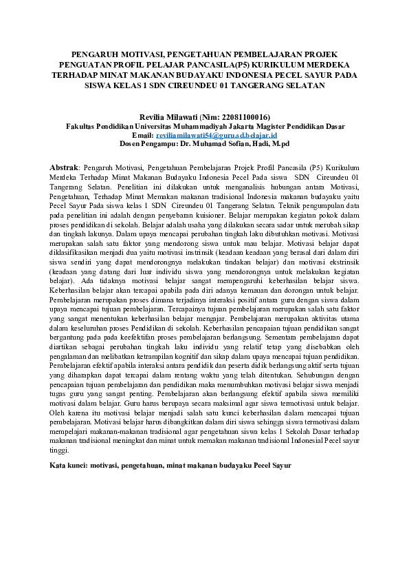 (DOC) PENGARUH MOTIVASI, PENGETAHUAN PEMBELAJARAN PROJEK PENGUATAN PROFIL PELAJAR PANCASILA(P5 ...