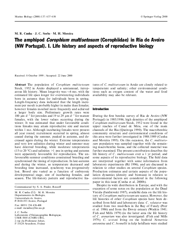 (PDF) The amphipod Corophium multisetosum (Corophiidae) in Ria de ...