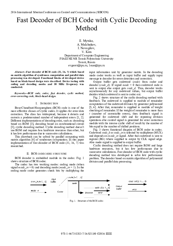 (PDF) Fast decoder of BCH code with cyclic decoding method