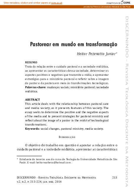 (PDF) Pastorear em Mundo em Transformação