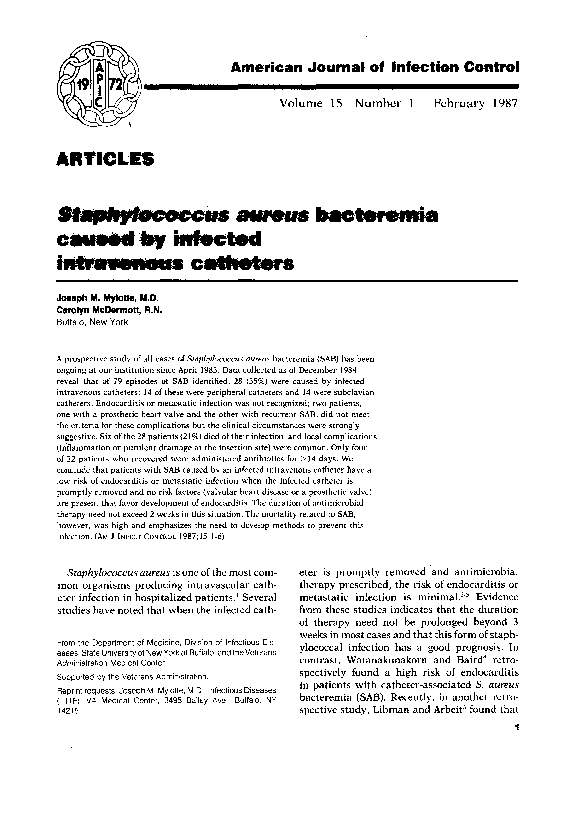 (PDF) Staphylococcus aureus bacteremia caused by infected intravenous catheters
