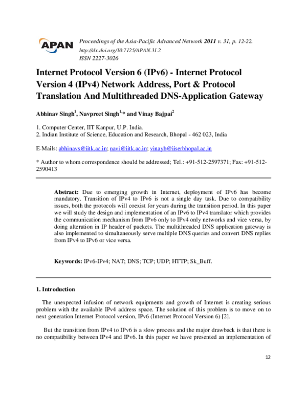 (PDF) Internet Protocol Version 6 (IPv6) - Internet Protocol Version 4 (IPv4) Network Address ...