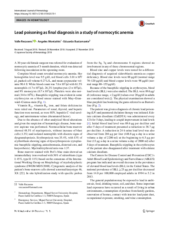 (PDF) Lead poisoning as final diagnosis in a study of normocytic anemia