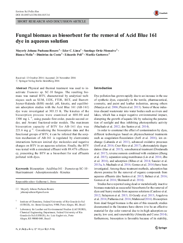 (PDF) Fungal biomass as biosorbent for the removal of Acid Blue 161 dye ...