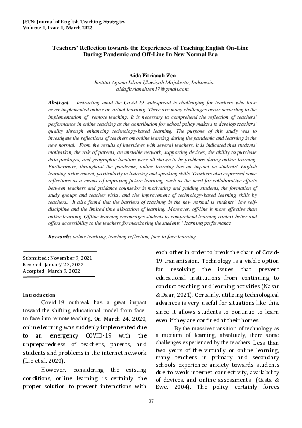 (PDF) Teachers’ Reflection towards the Experiences of Teaching English On-Line During Pandemic ...