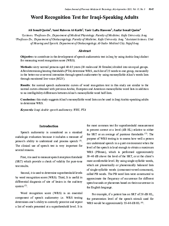 (PDF) Word Recognition Test for Iraqi-Speaking Adults