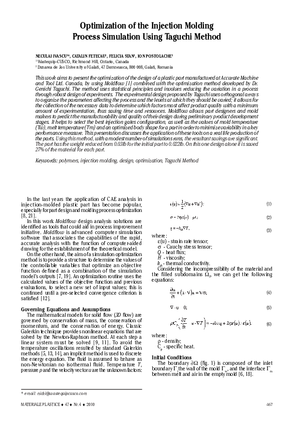Pdf Optimization Of The Injection Molding Process Simulation Using Taguchi Method 0983