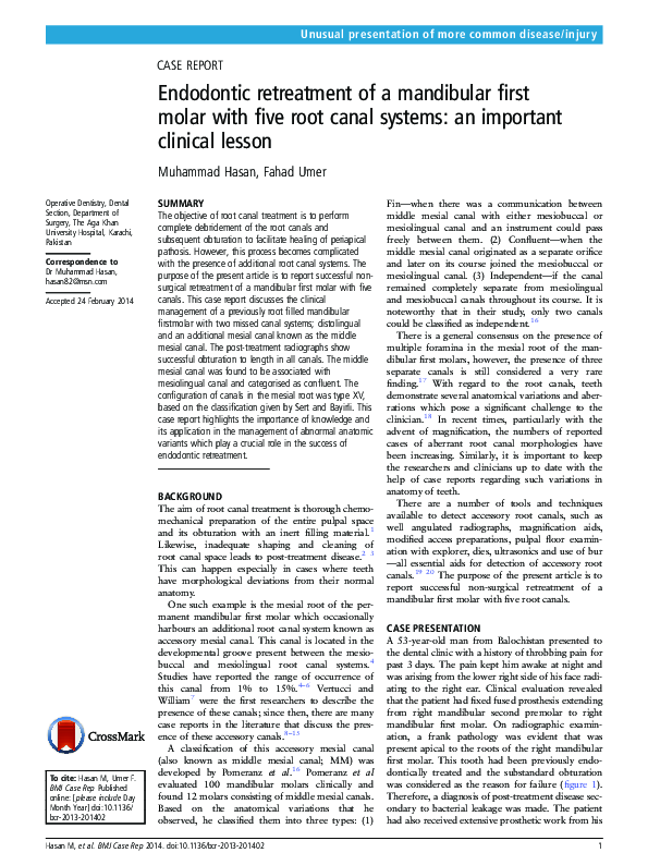 (PDF) Endodontic retreatment of a mandibular first molar with five root ...