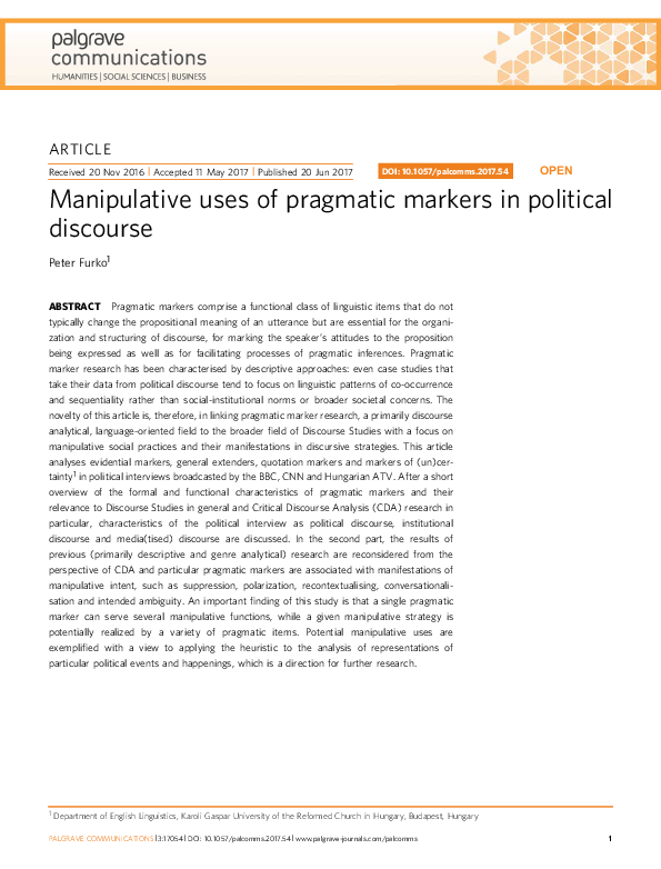 (PDF) Manipulative uses of pragmatic markers in political discourse