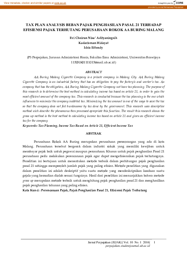 (PDF) Tax Plan Analysis Beban Pajak Penghasilan Pasal 21 Terhadap Efisiensi Pajak Terhutang ...
