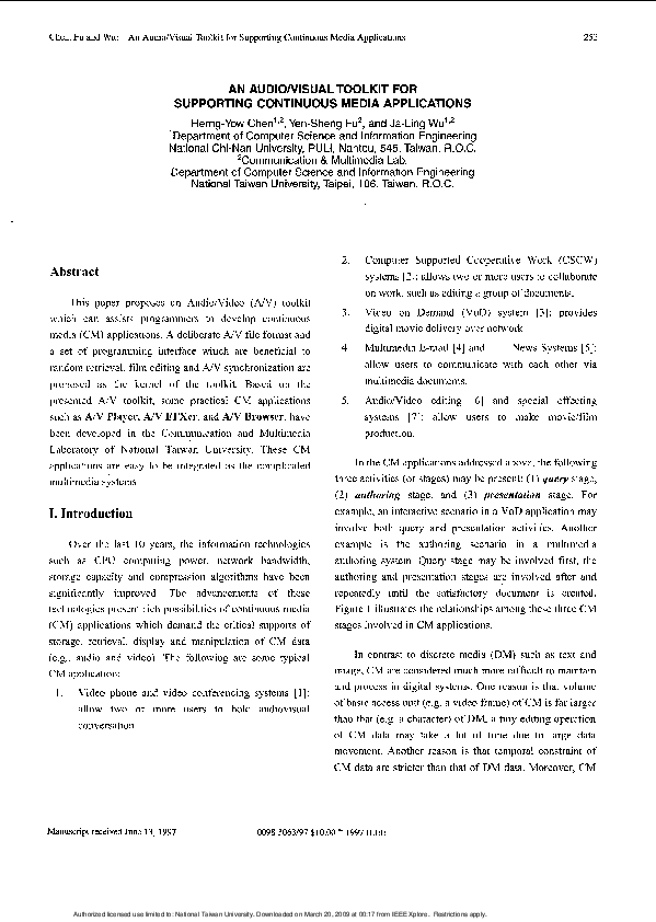 Pdf An Audiovisual Toolkit For Supporting Continuous Media Applications 