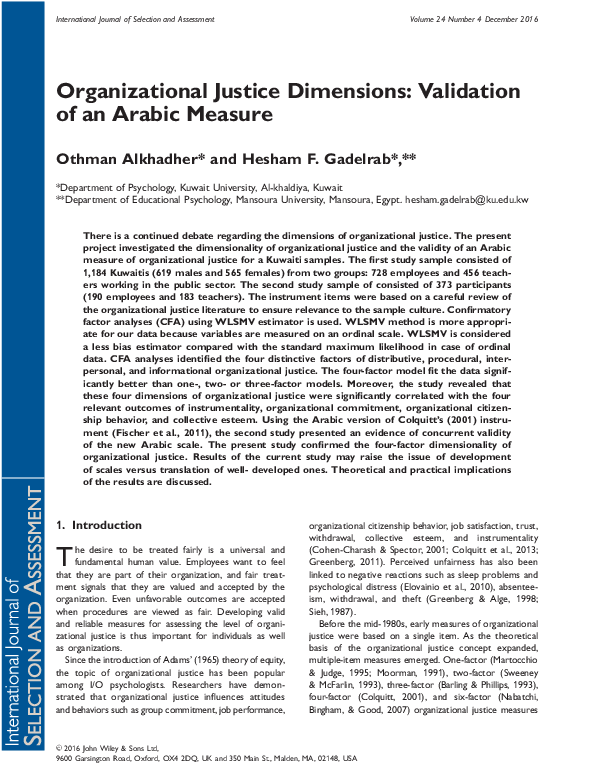 (PDF) Organizational Justice Dimensions: Validation of an Arabic Measure