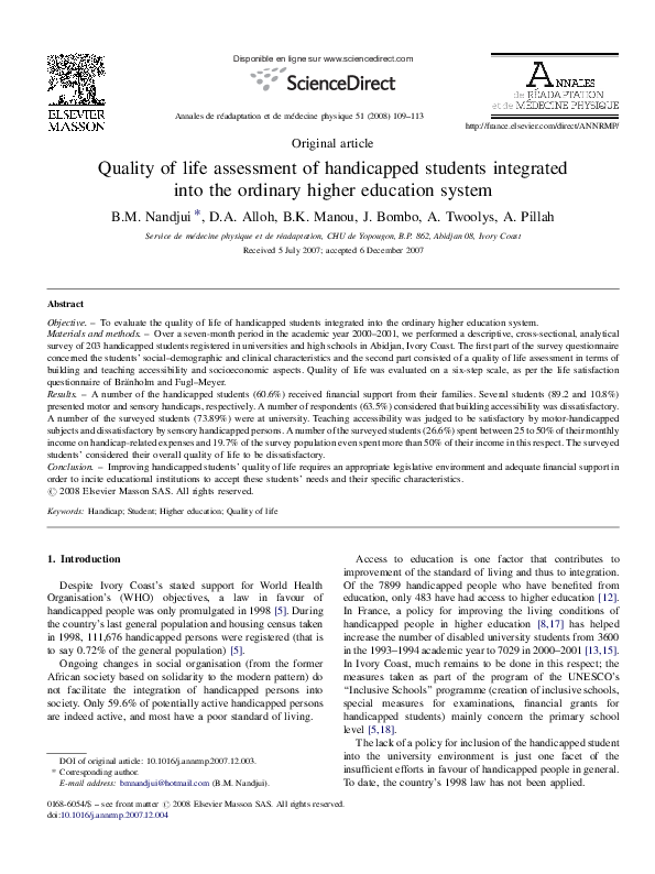 (PDF) Quality of life assessment of handicapped students integrated ...