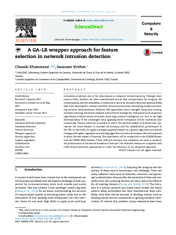 Pdf A Ga Lr Wrapper Approach For Feature Selection In Network Intrusion Detection