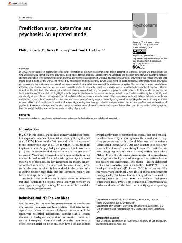 (PDF) Prediction error, ketamine and psychosis: An updated model