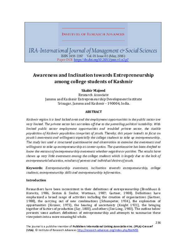 (PDF) Awareness and Inclination towards Entrepreneurship among college students of Kashmir