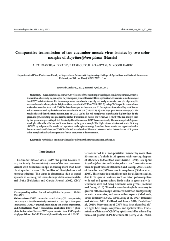 (PDF) Comparative transmission of two cucumber mosaic virus isolates by ...