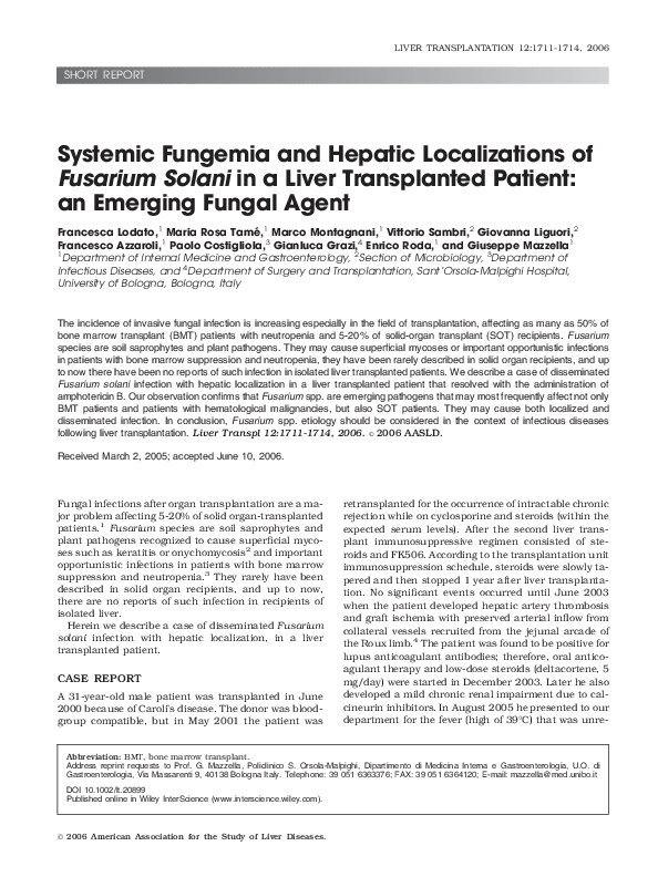 (PDF) Systemic fungemia and hepatic localizations ofFusarium solani in ...