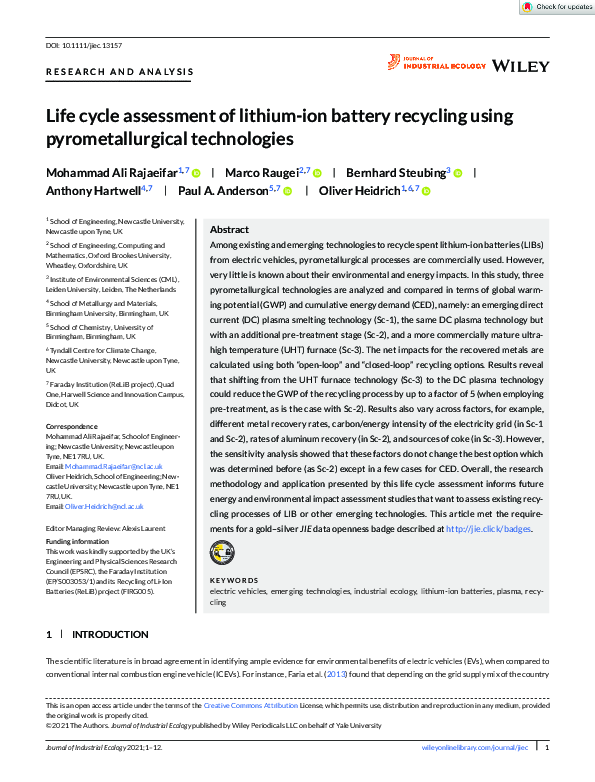 (PDF) Life cycle assessment of lithium‐ion battery recycling using ...