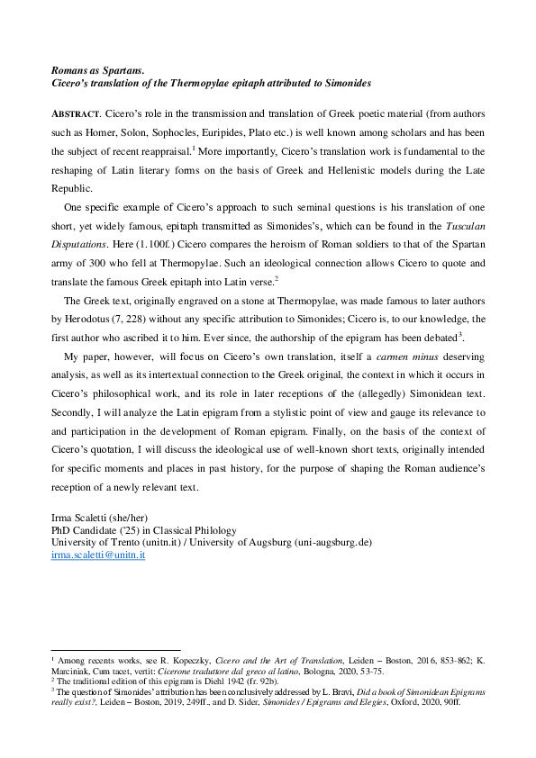 (PDF) Romans as Spartans. Cicero’s translation of the Thermopylae ...