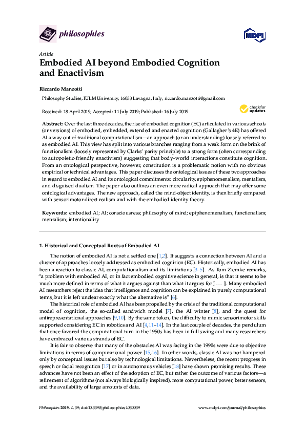 (PDF) Embodied AI beyond Embodied Cognition and Enactivism