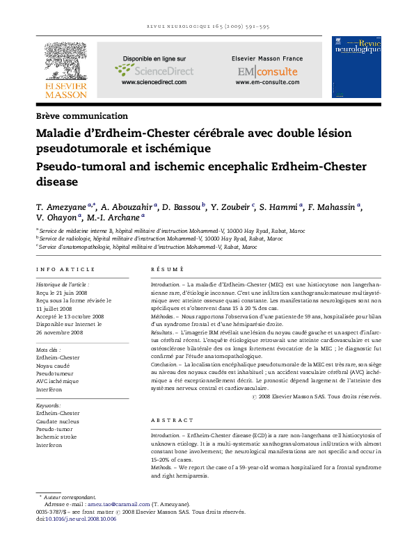 (PDF) Maladie d’Erdheim-Chester cérébrale avec double lésion ...