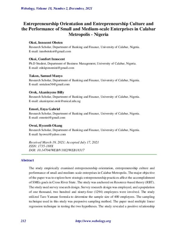 (PDF) Entrepreneurship Orientation and Entrepreneurship Culture and the Performance of Small and ...