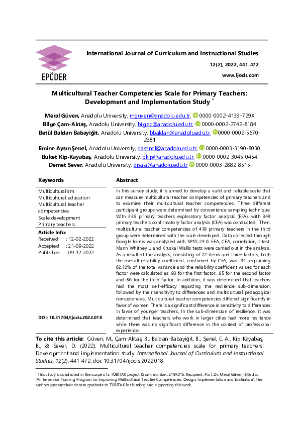 (PDF) Multicultural Teacher Competencies Scale for Primary Teachers: Development and ...