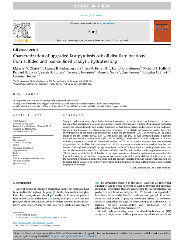 (PDF) Characterization of upgraded fast pyrolysis oak oil distillate ...