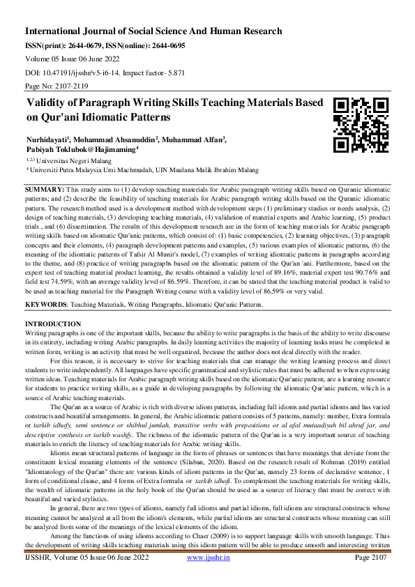(PDF) Validity of Paragraph Writing Skills Teaching Materials Based on Qur'ani Idiomatic Patterns