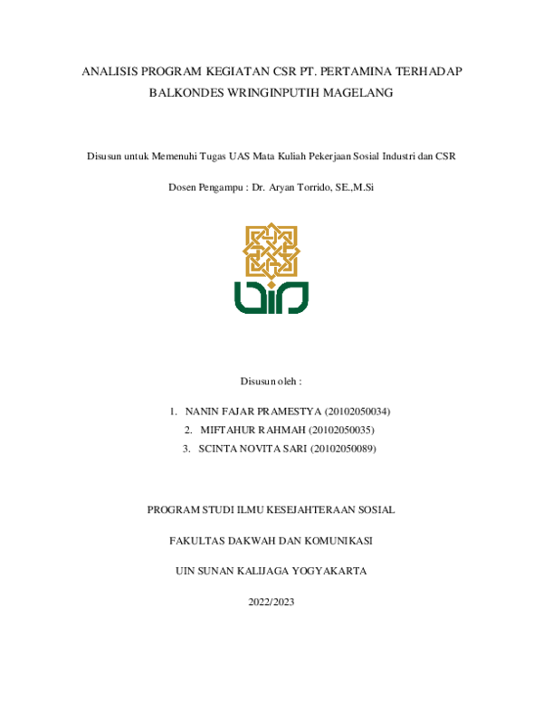 (PDF) ANALISIS PROGRAM KEGIATAN CSR PT PERTAMINA TERHADAP BALKONDES WRINGINPUTIH MAGELANG