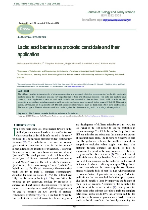 (PDF) Lactic acid bacteria as probiotic candidate and their application
