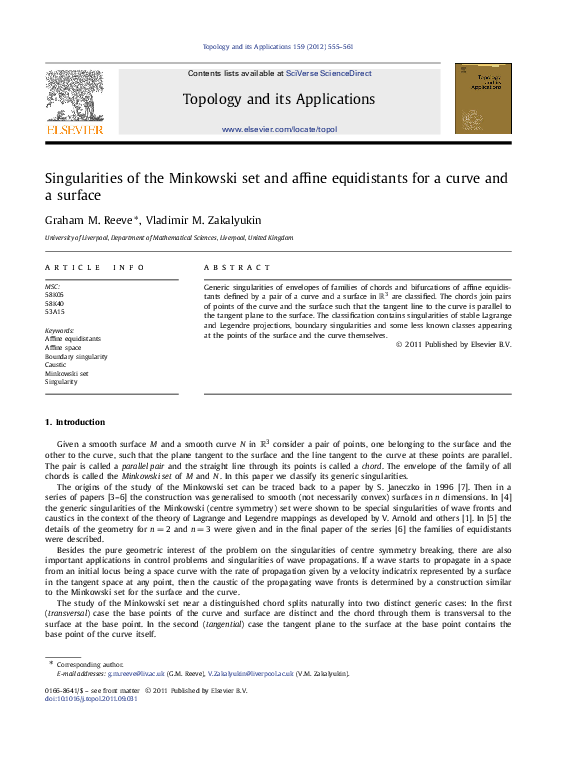 (PDF) Singularities of the Minkowski set and affine equidistants for a ...