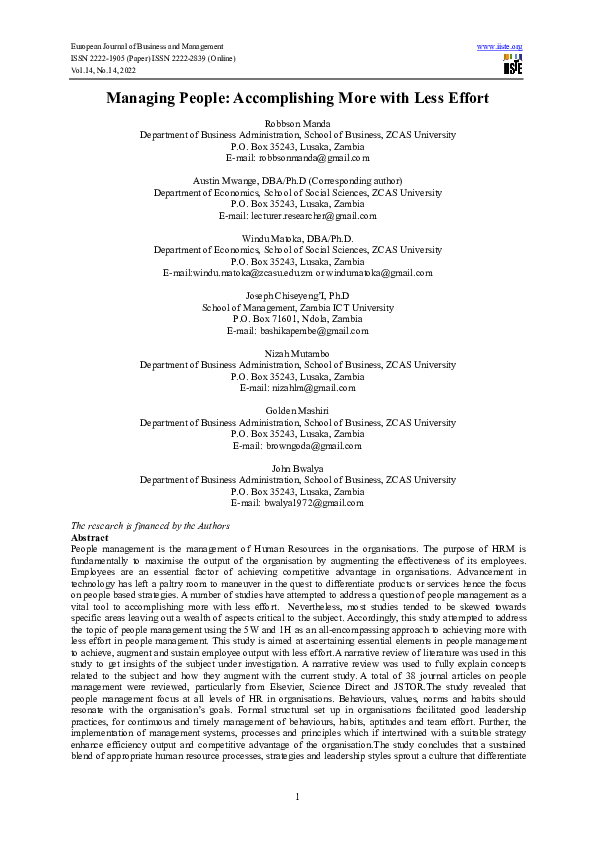 (PDF) Managing People: Accomplishing More with Less Effort