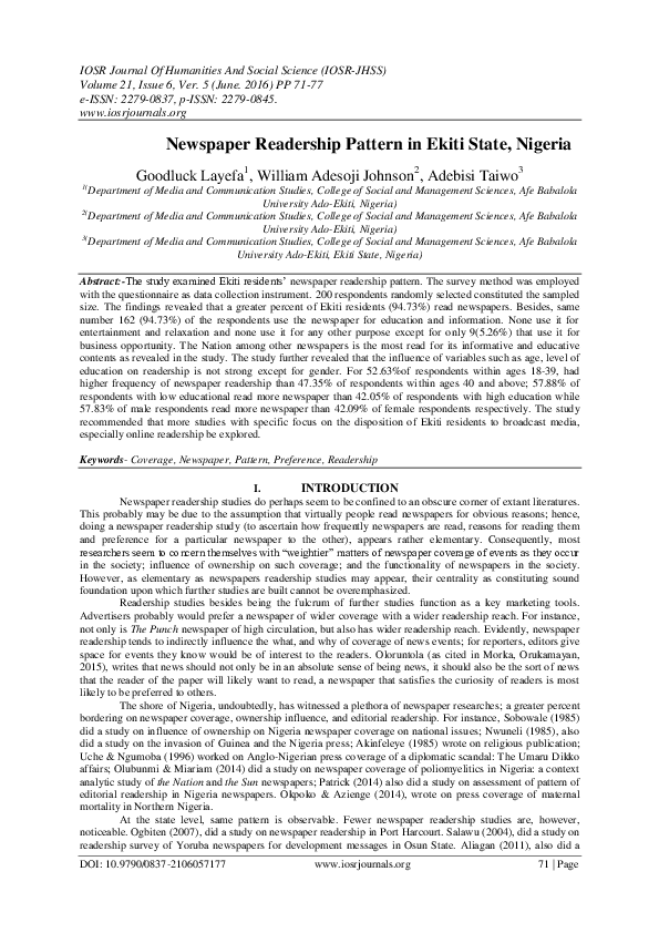 (PDF) Newspaper Readership Pattern in Ekiti State , Nigeria